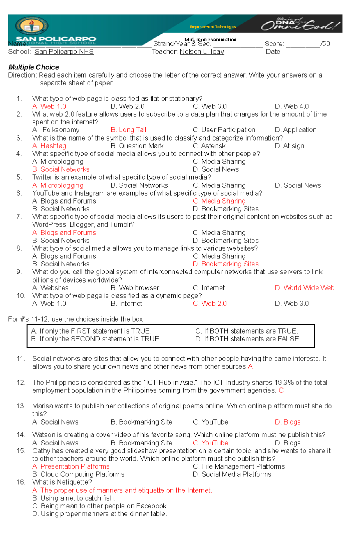 SPST Midterm Exam Key: Empowerment Technologies Answers - Studocu