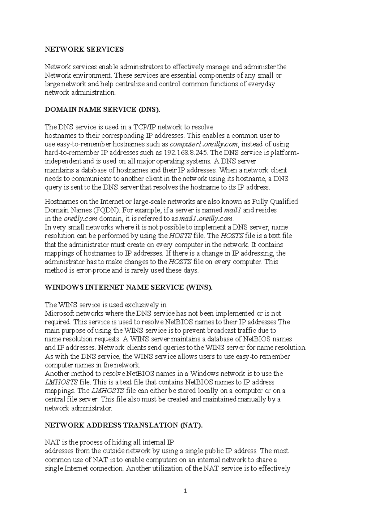 NETWORK SERVICES: Overview of DNS, WINS, NAT, and SNMP - Studocu