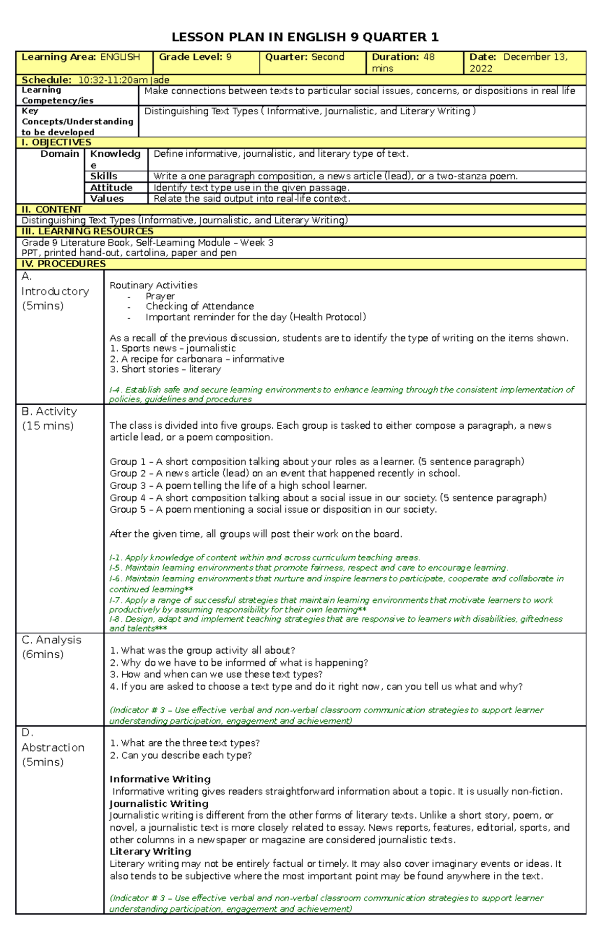 ENGLISH 9 Q2 Lesson Plan: Distinguishing Text Types & Writing ...