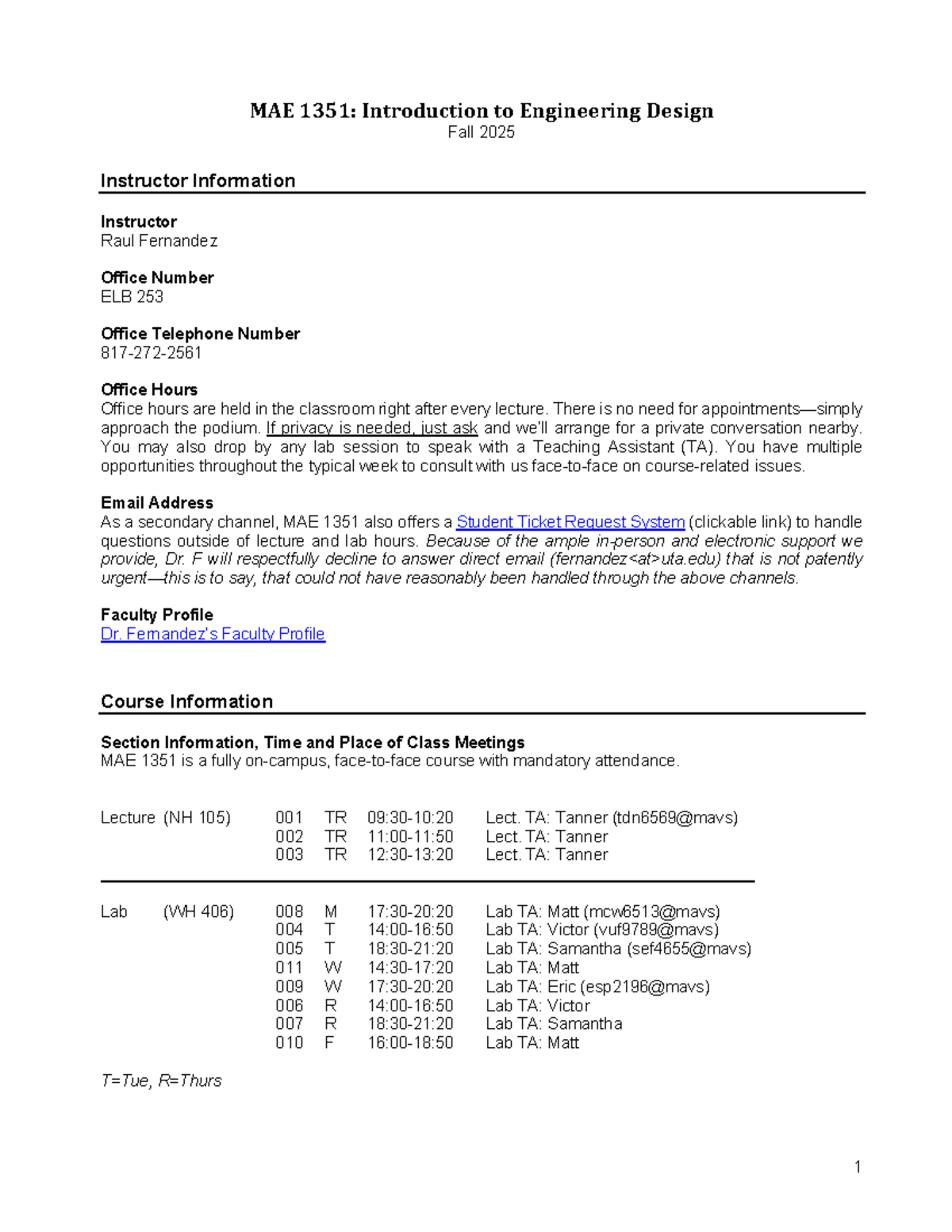 MAE 1351: Engineering Design Syllabus for Fall 2025 - Studocu