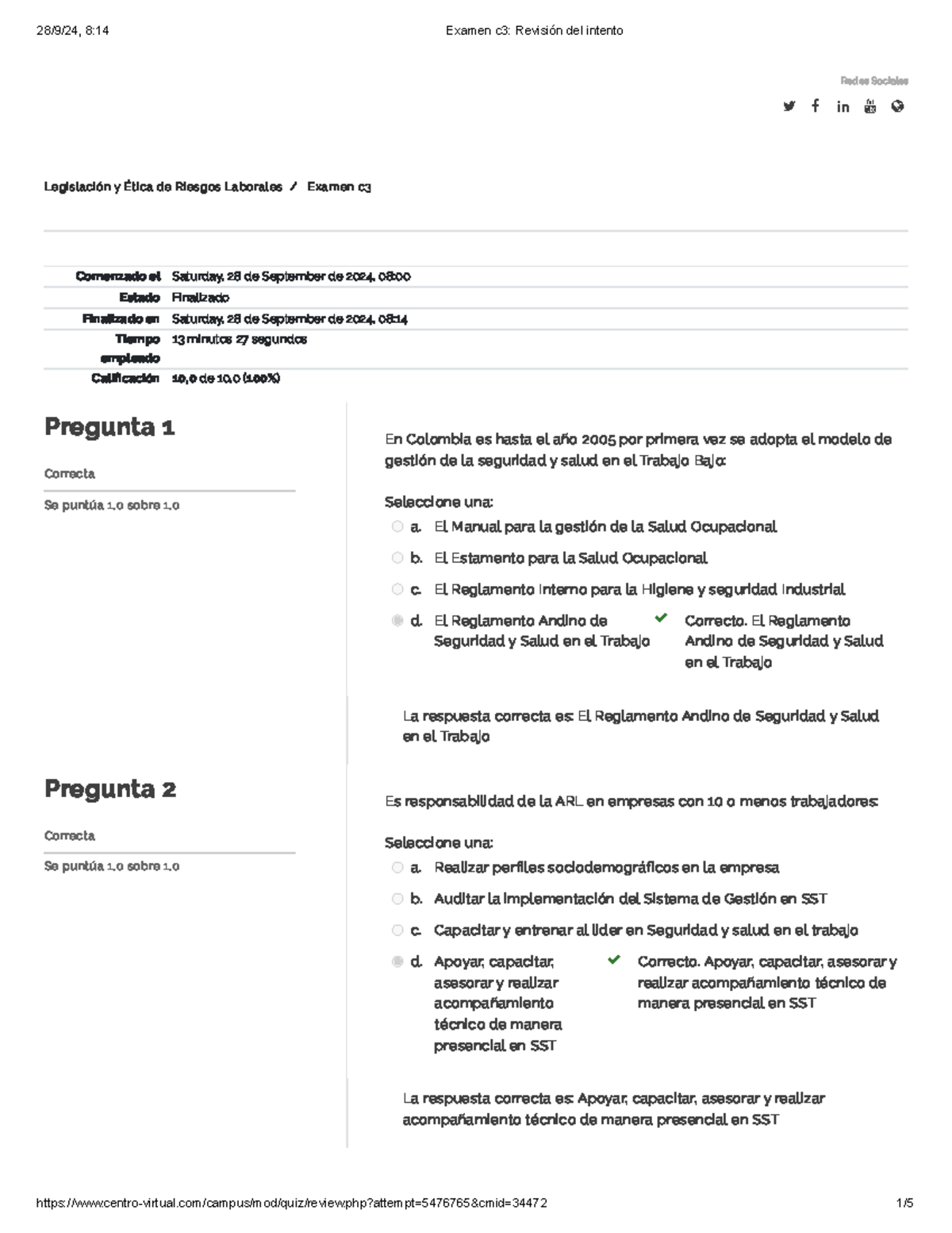 Examen C3: Revisión de respuestas - Legislación y Ética en SST - Studocu
