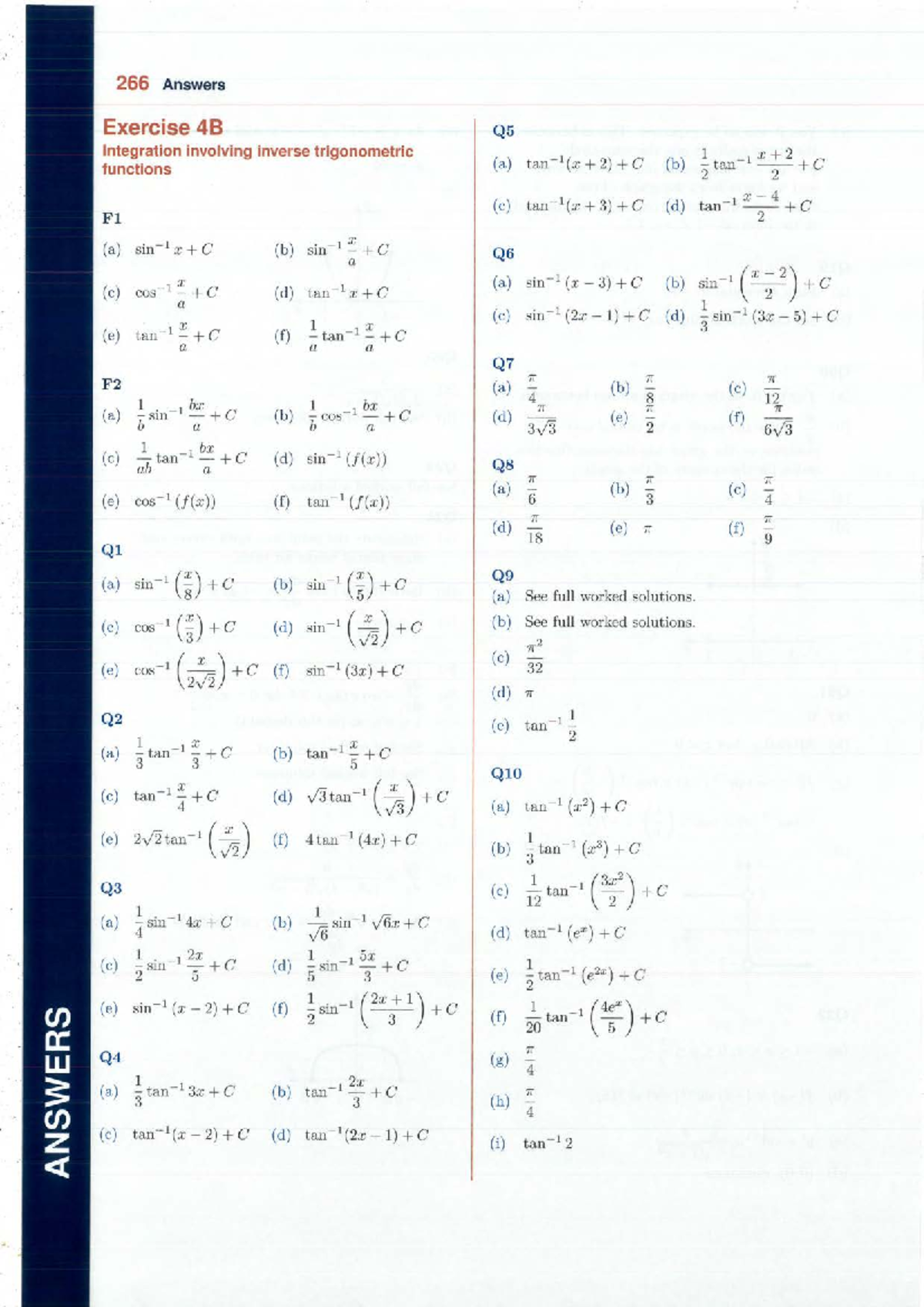 Inverse Trig Integration Solutions for Exercise 4B - Studocu