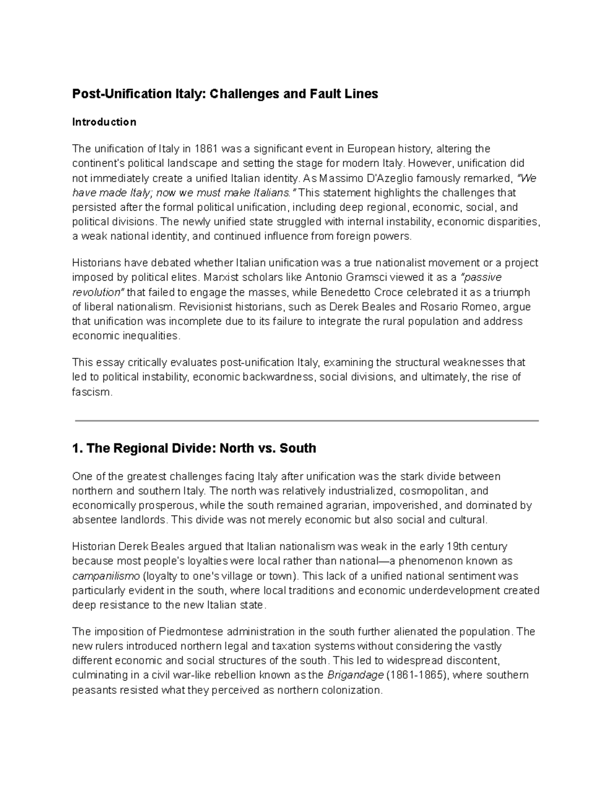 Italy: Post-Unification Challenges and Fault Lines Analysis - Studocu