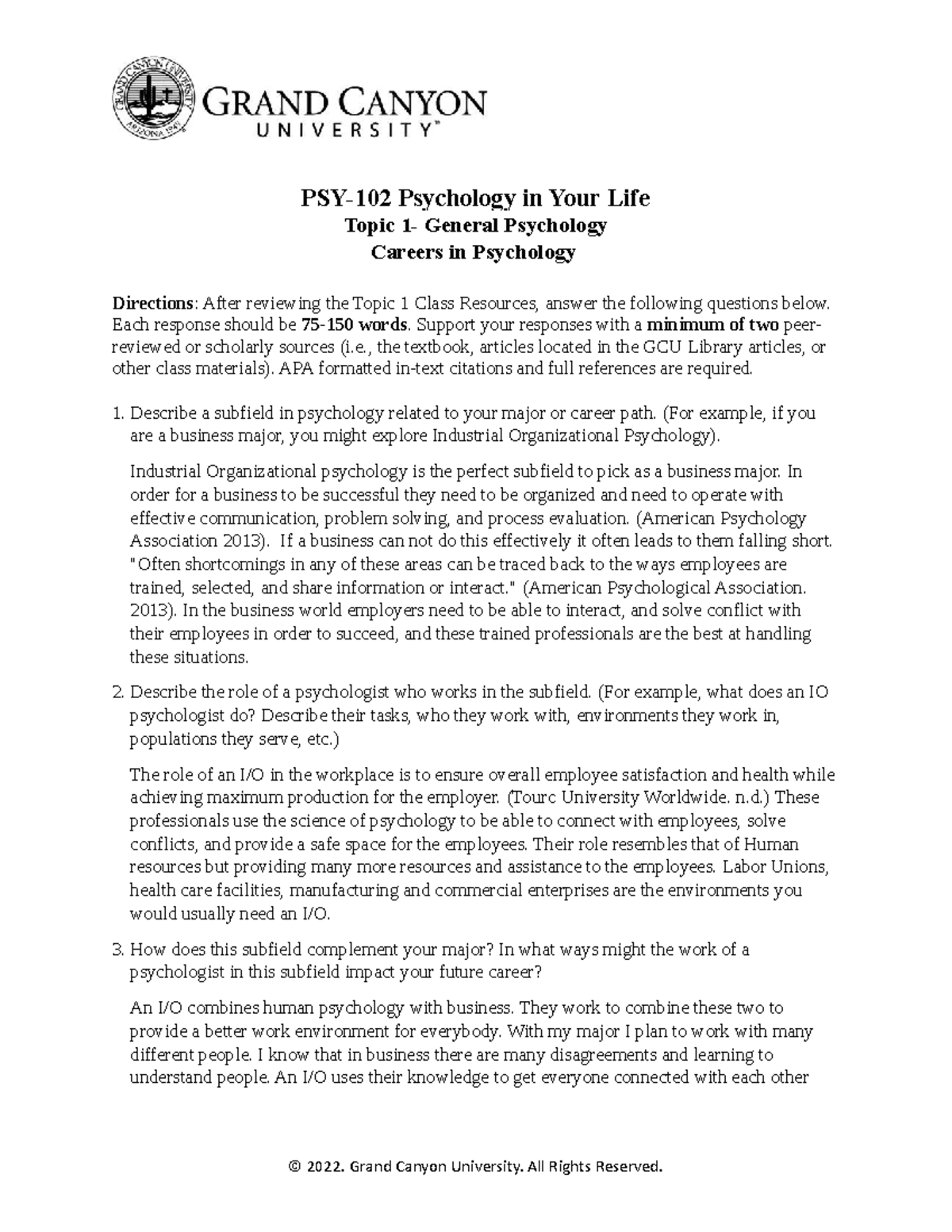 PSY-102 Careers in Psychology - Worksheet on Subfields and Roles - Studocu