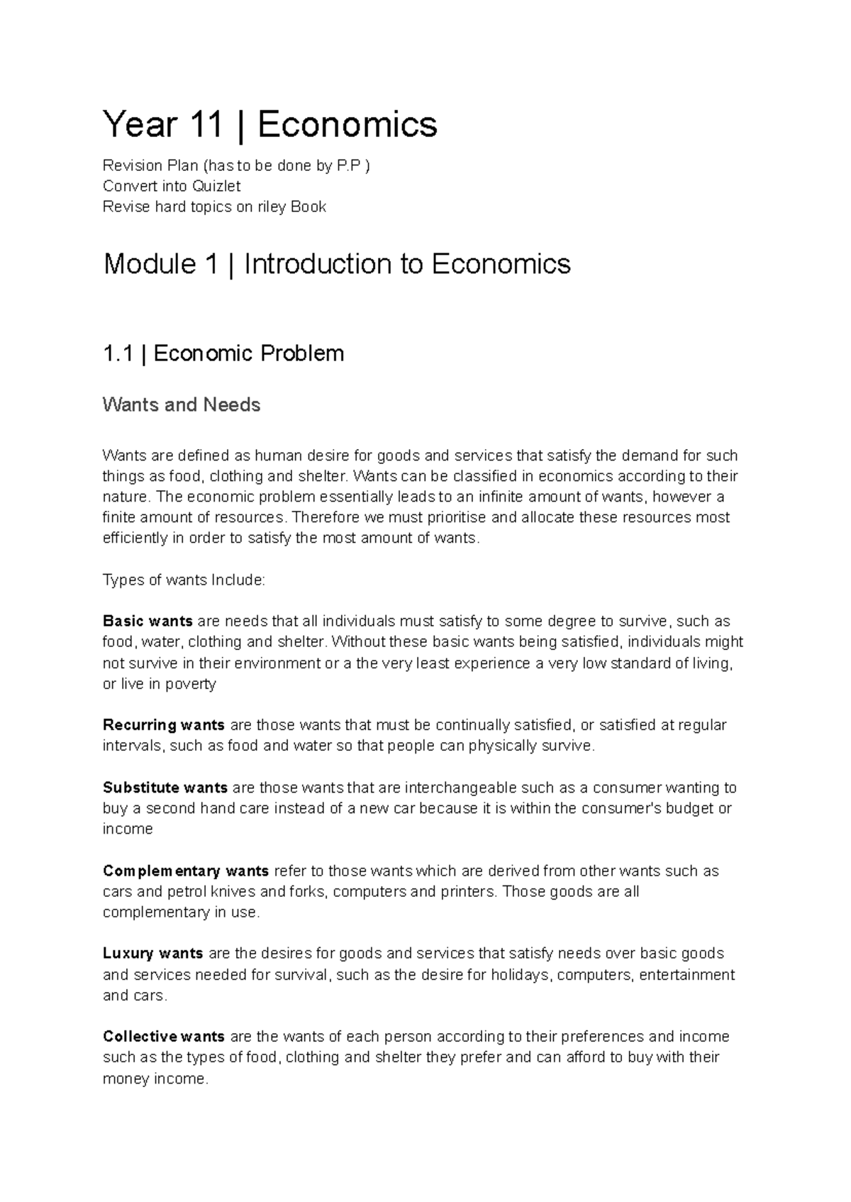 Year 11 Economics Prelim Notes: Key Concepts & Revision Guide - Studocu