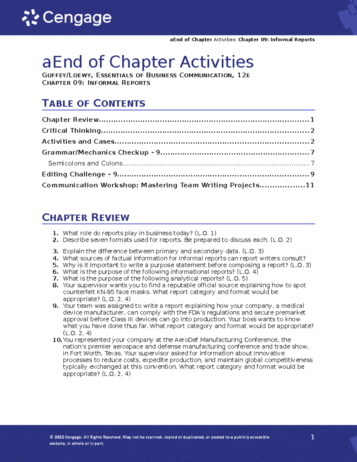 End of Chapter Activities for Guffey EBC 12e - Ch09: Informal Reports ...