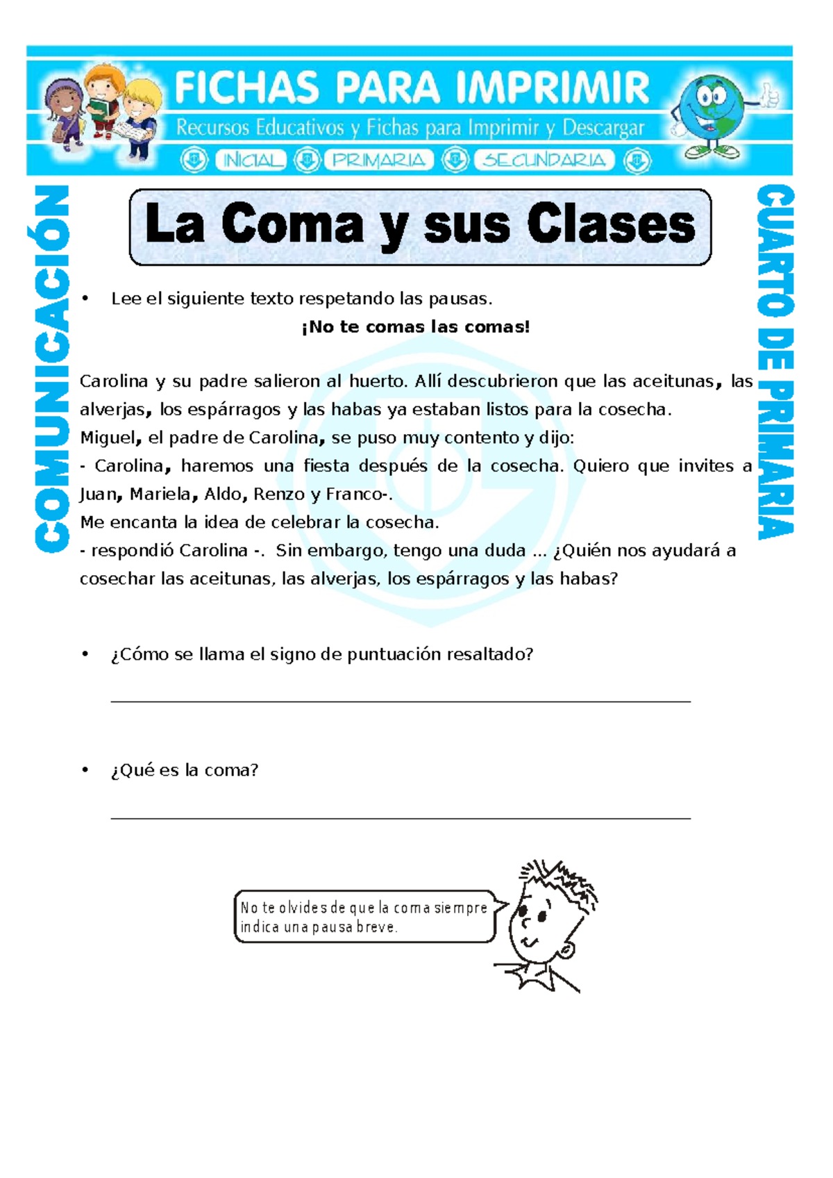 Ficha sobre Clases de Coma - CIENCIA Y AMBIENTE 4to Primaria - Studocu