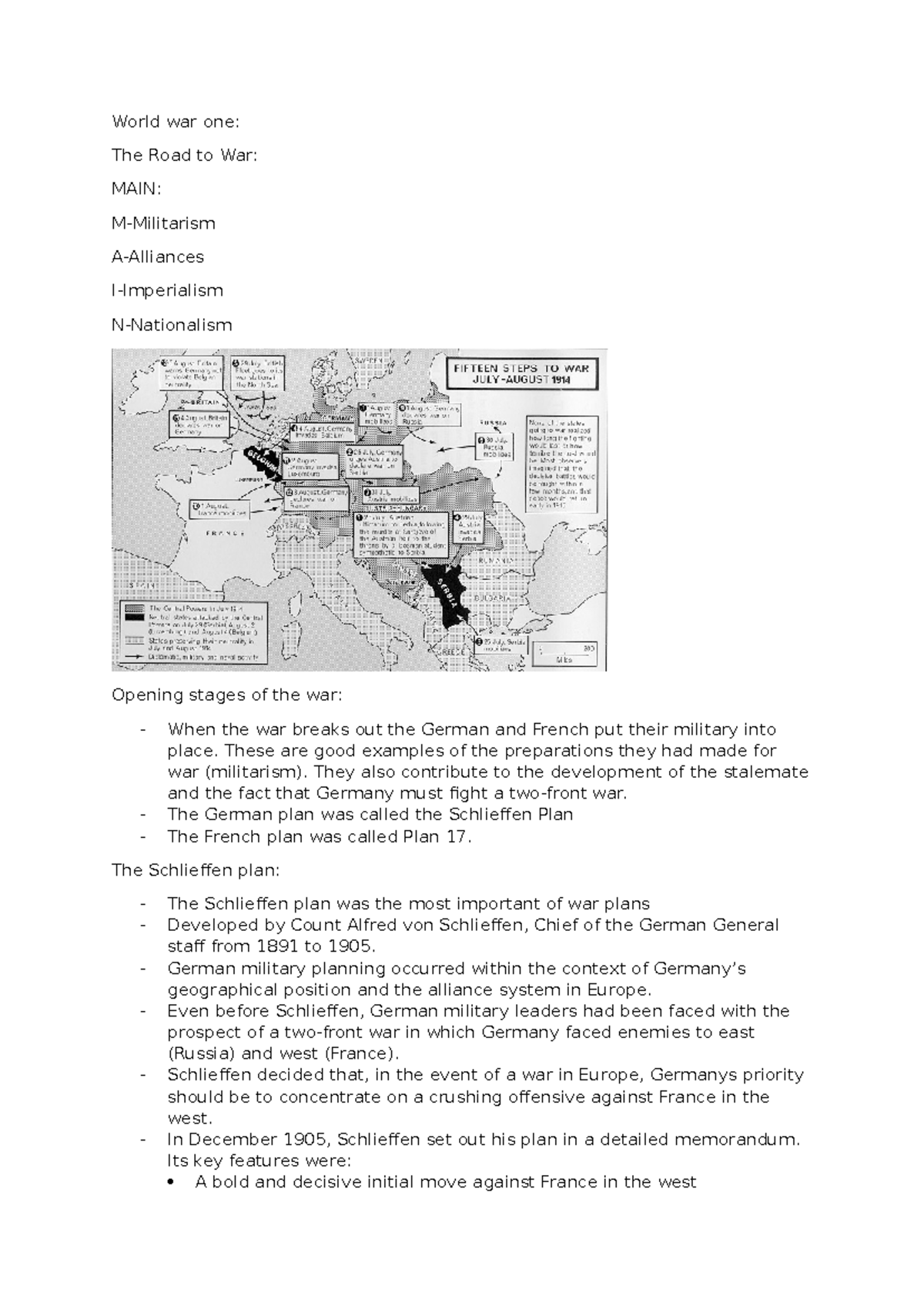 WWI: The Road to War & Military Strategies (Prelim Notes) - Studocu