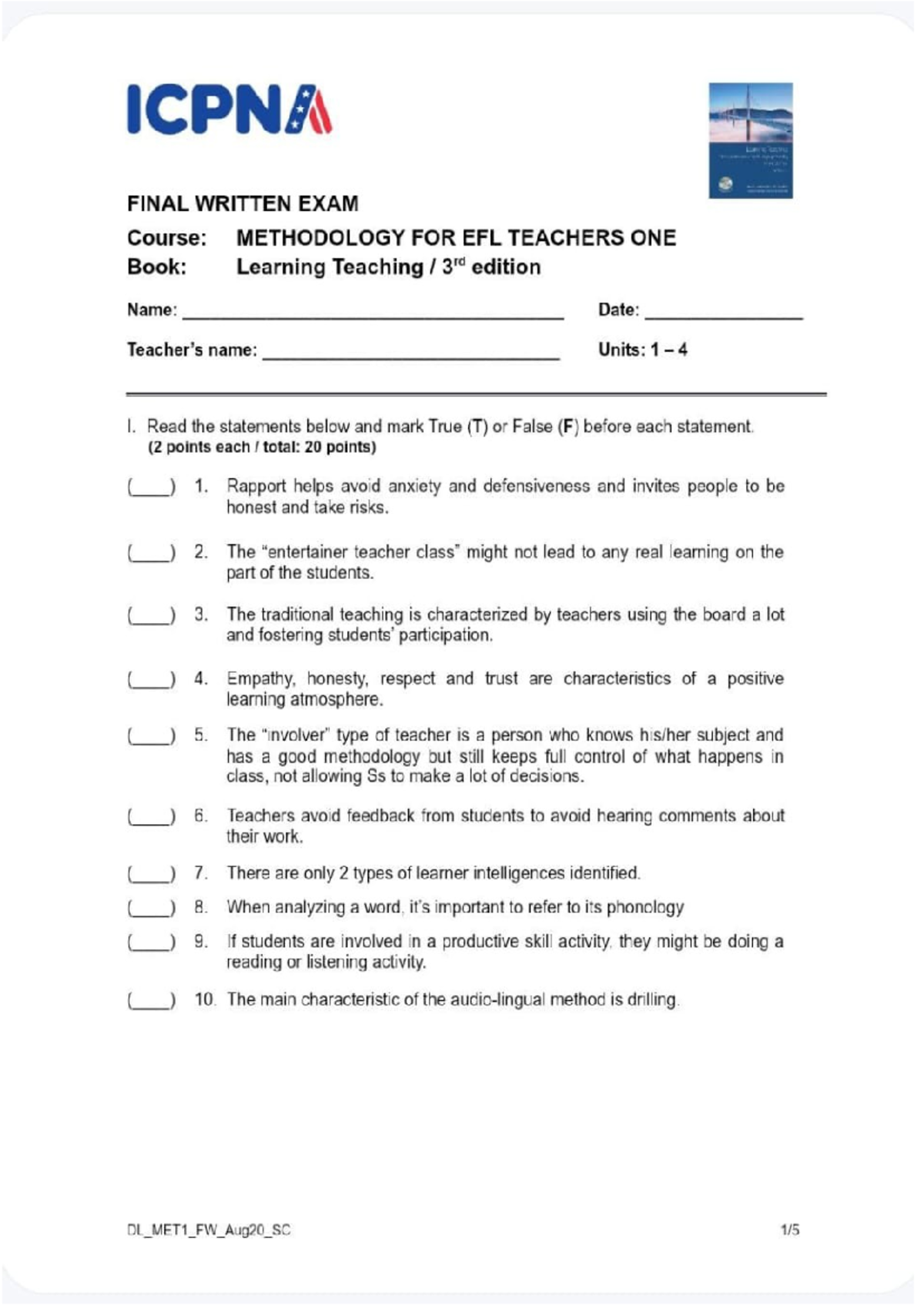 ICPN METHODOLOGY FOR EFL TEACHERS FINAL EXAM NOTES - Studocu