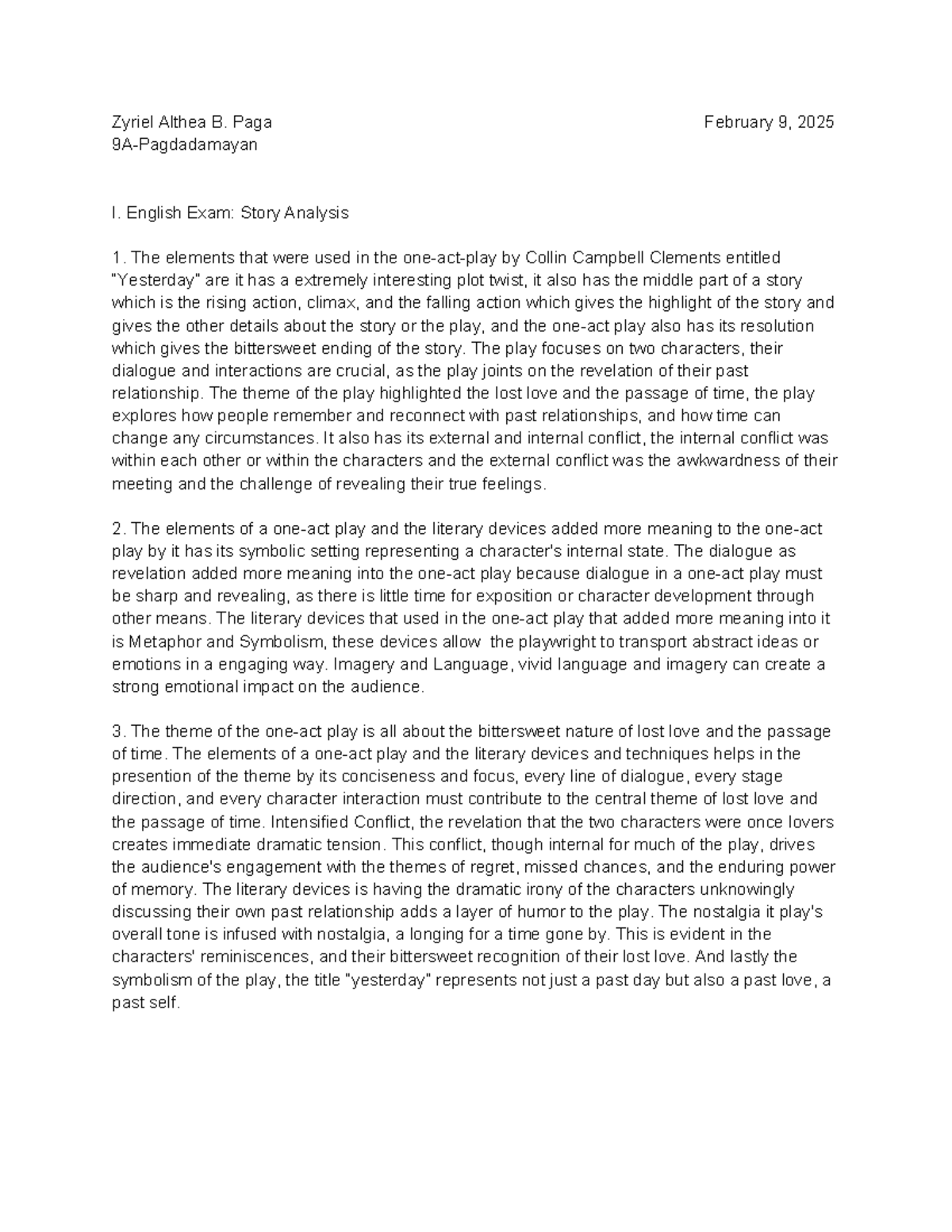 English Exam - Zyriel Althea B. Paga February 9, 2025 9A-Pagdadamayan I ...