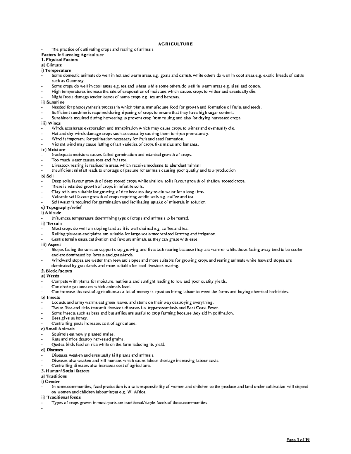 Agriculture Notes - Form 3 Geography: Key Factors and Types - Studocu