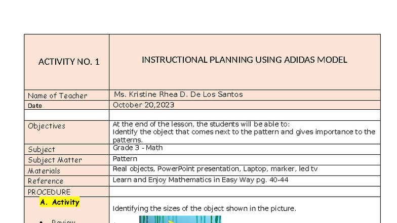 Adidas Model Activity No. 1: Grade 3 Math Lesson Plan - Studocu