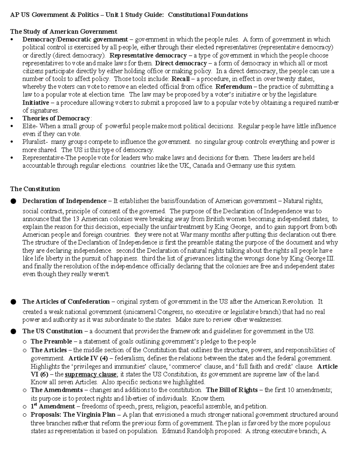 AP US Government & Politics - Unit 1 Study Guide: Constitutional ...