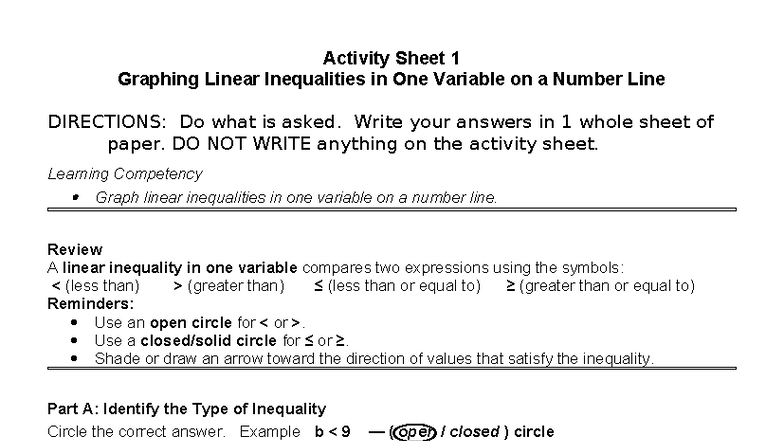 Linear Inequality Activity Sheet: Graphing & Solving (MATH101) - Studocu
