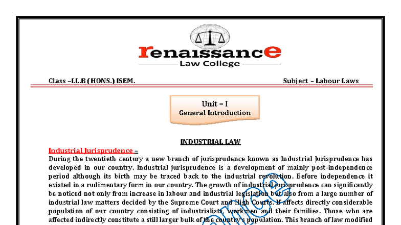 Labour Laws Notes (HONS.) ISEM: Industrial Jurisprudence Overview - Studocu