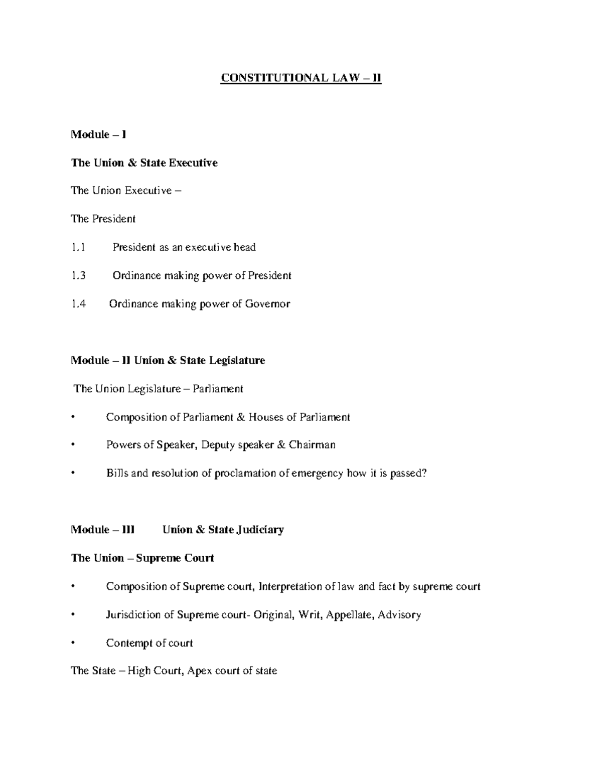 Constitutional LAW syllabus - CONSTITUTIONAL LAW – II Module – I The ...