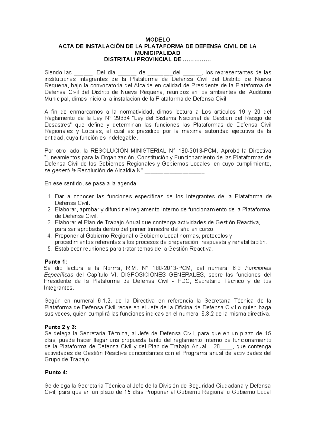 Modelo de Acta de Instalación de la Plataforma de Defensa Civil - Studocu