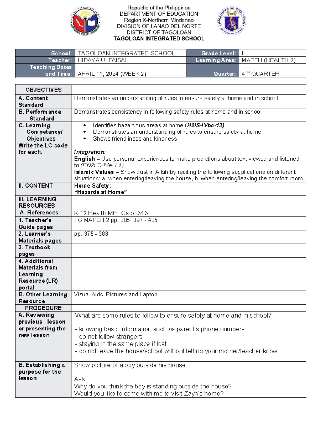 Final Lesson Plan: Home Safety in MAPEH 2 (Health) - COT 4TH Q W3 - Studocu