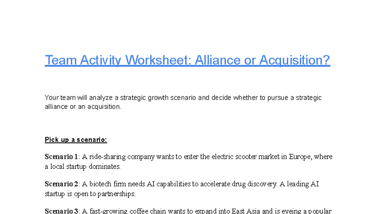 Team Activity Worksheet: Strategic Alliance vs. Acquisition Analysis ...