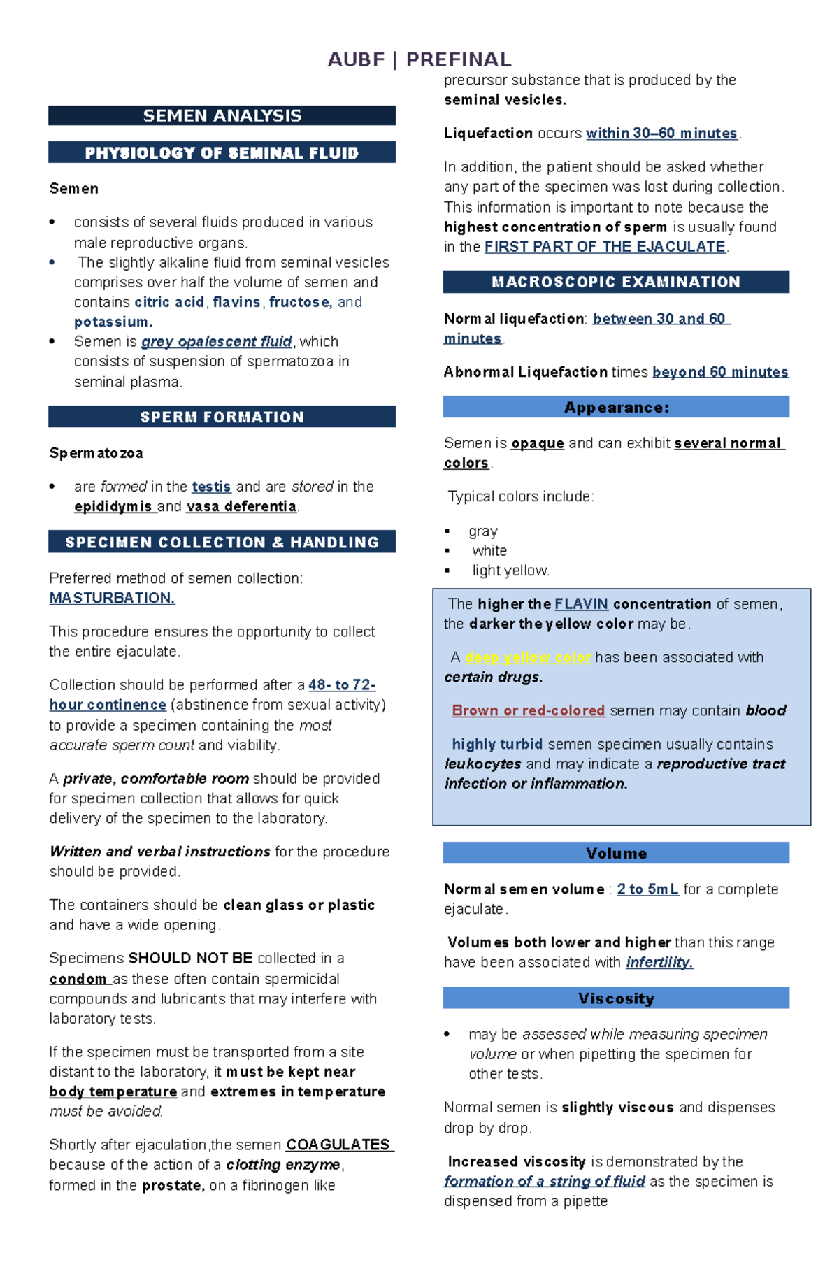 AUBF prefinal semen analysis and physiology of seminal fluid - Studocu