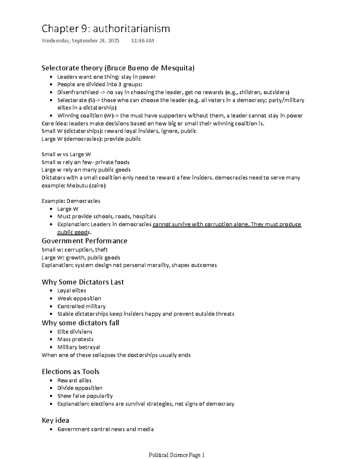 Selectorate Theory and Authoritarianism in Political Science: Chapter 9 - Studocu