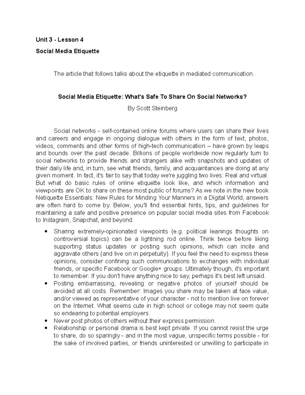 Social Media Etiquette - Unit 3 - Lesson 4 Social Media Etiquette The ...