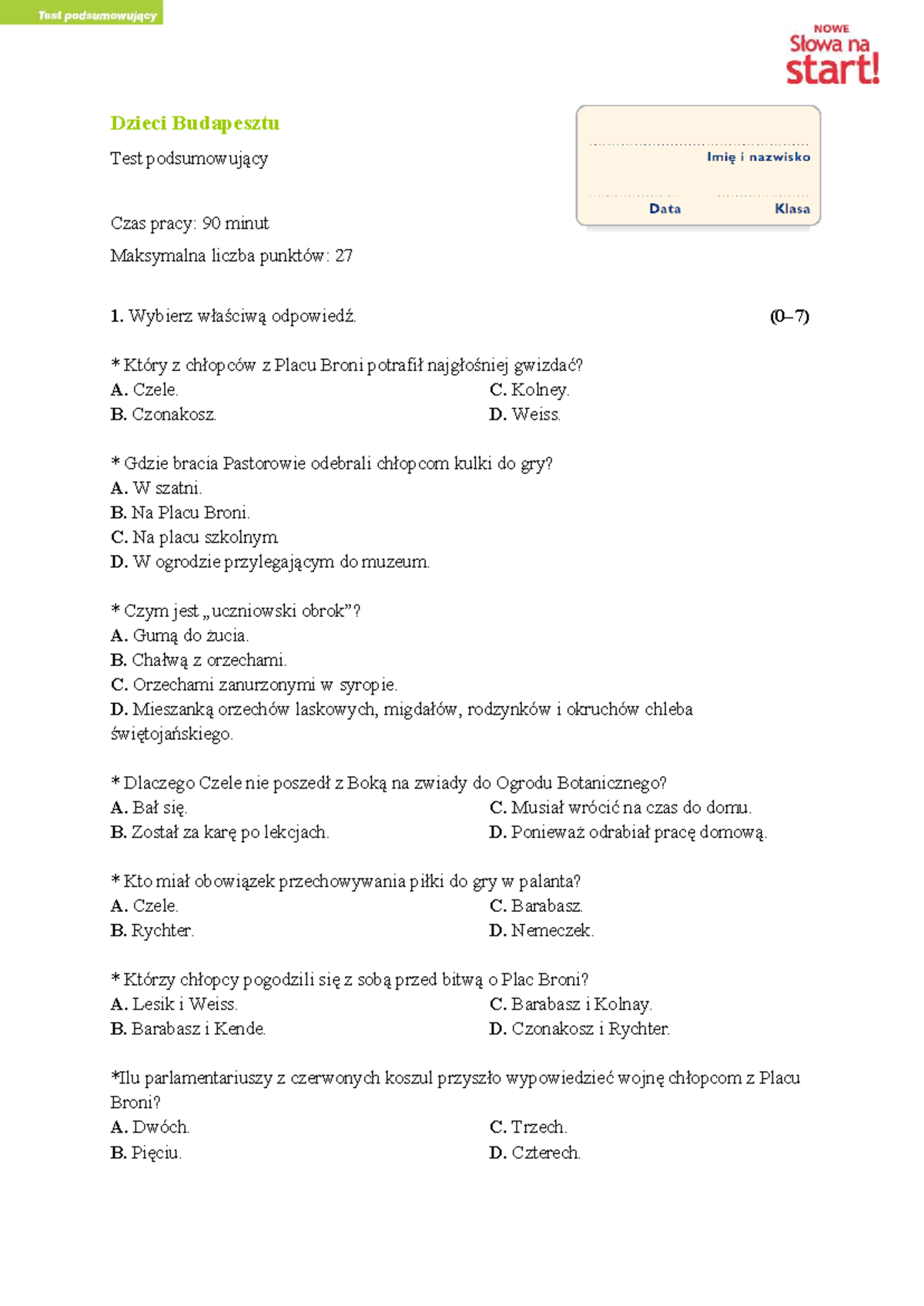 Chłopcy z Placu Broni: Test Podsumowujący (Lektura Obowiązkowa) - Studocu