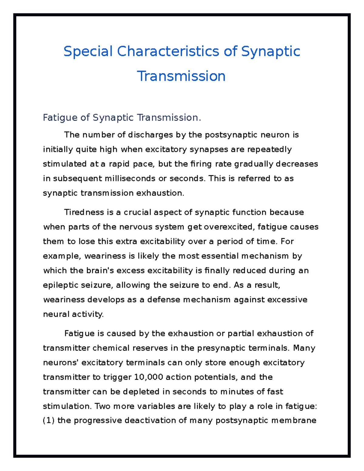 Special Characteristics of Synaptic Transmission - Human Physiology ...