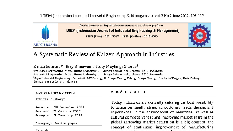 A Systematic Review of Kaizen in Industries - IJIEM Vol 3 No 2 - Studocu