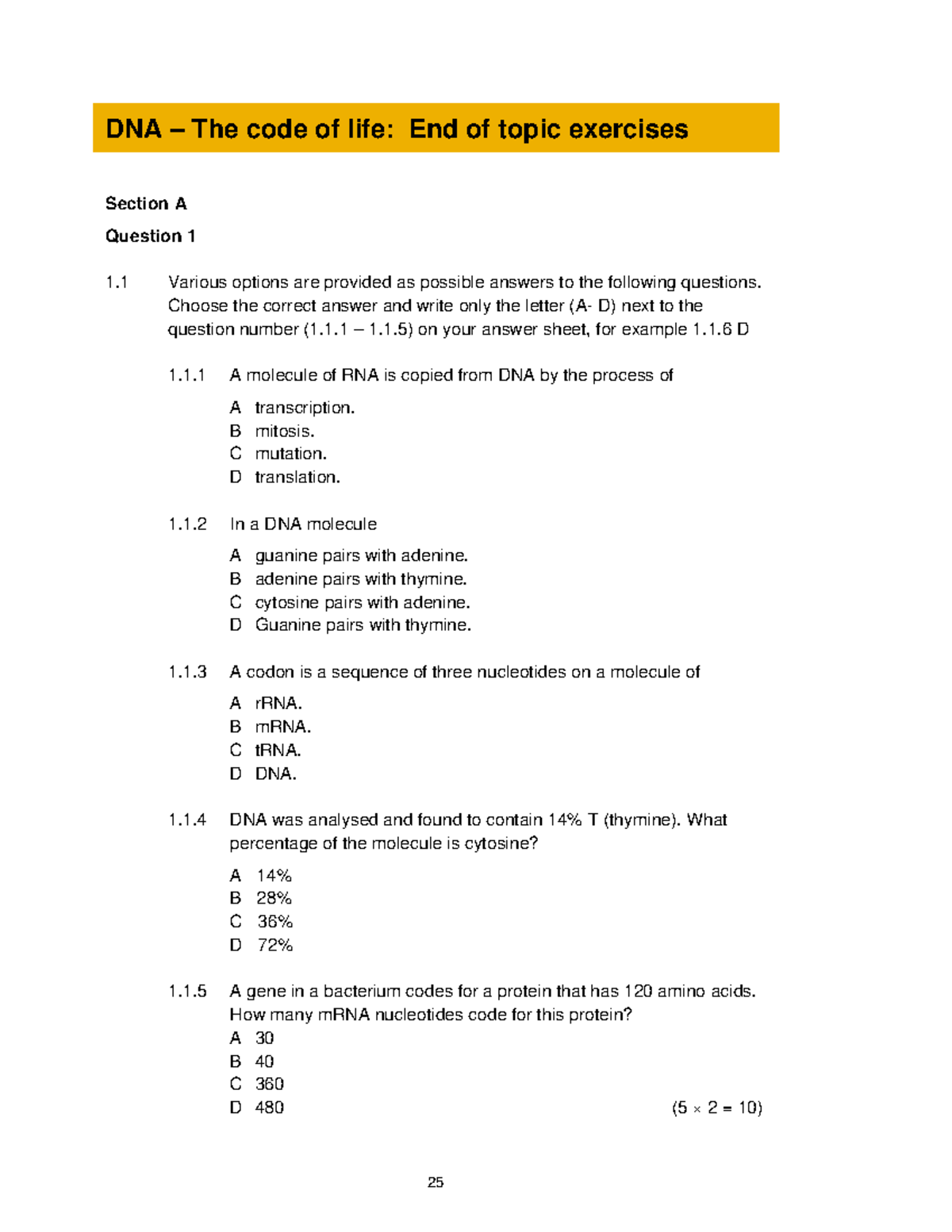 DNA Test - Grade 12 Life Science: End of Topic Exercises - Studocu