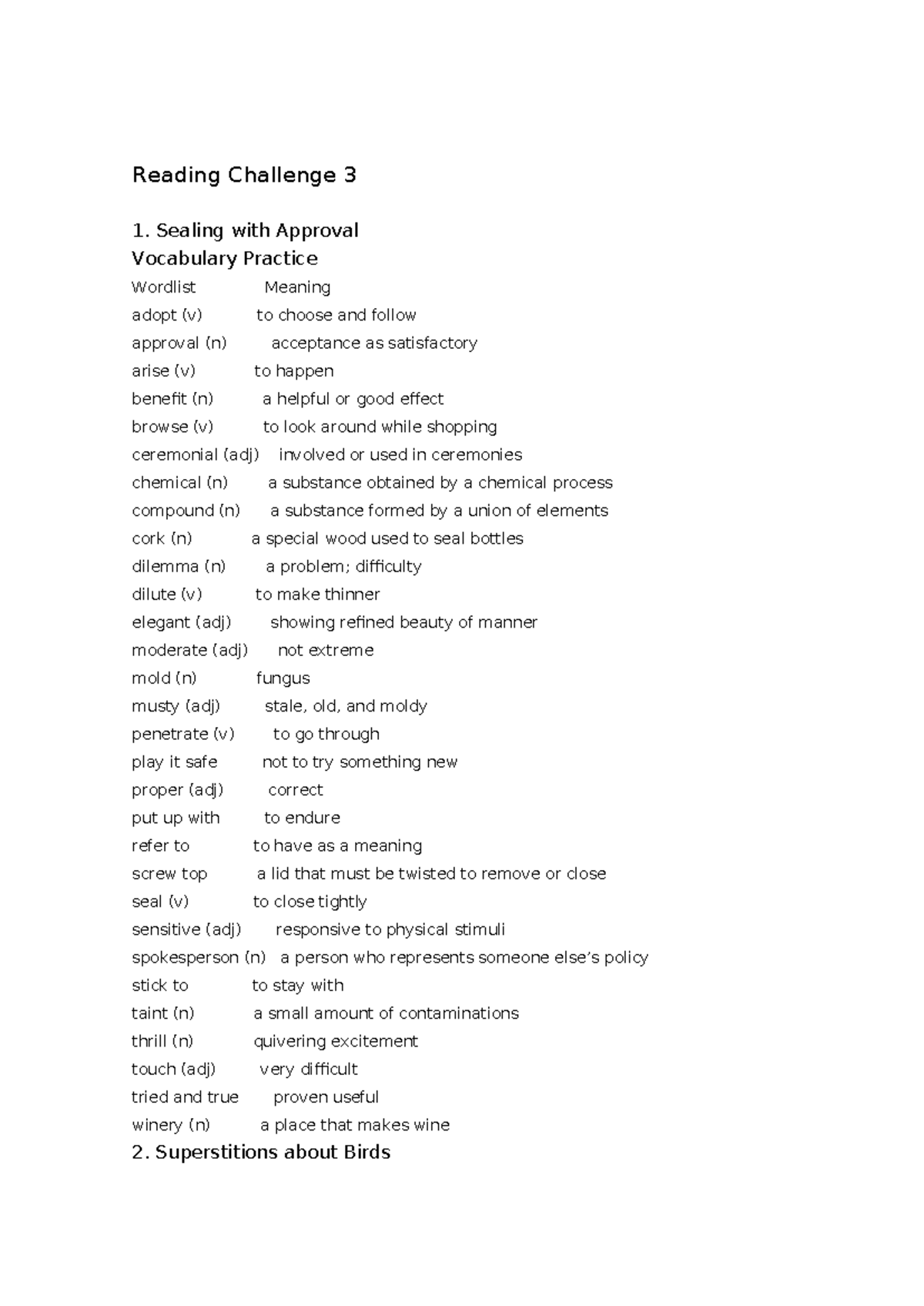 Reading Challenge 3 Vocabulary List and Exercises EN - Studocu