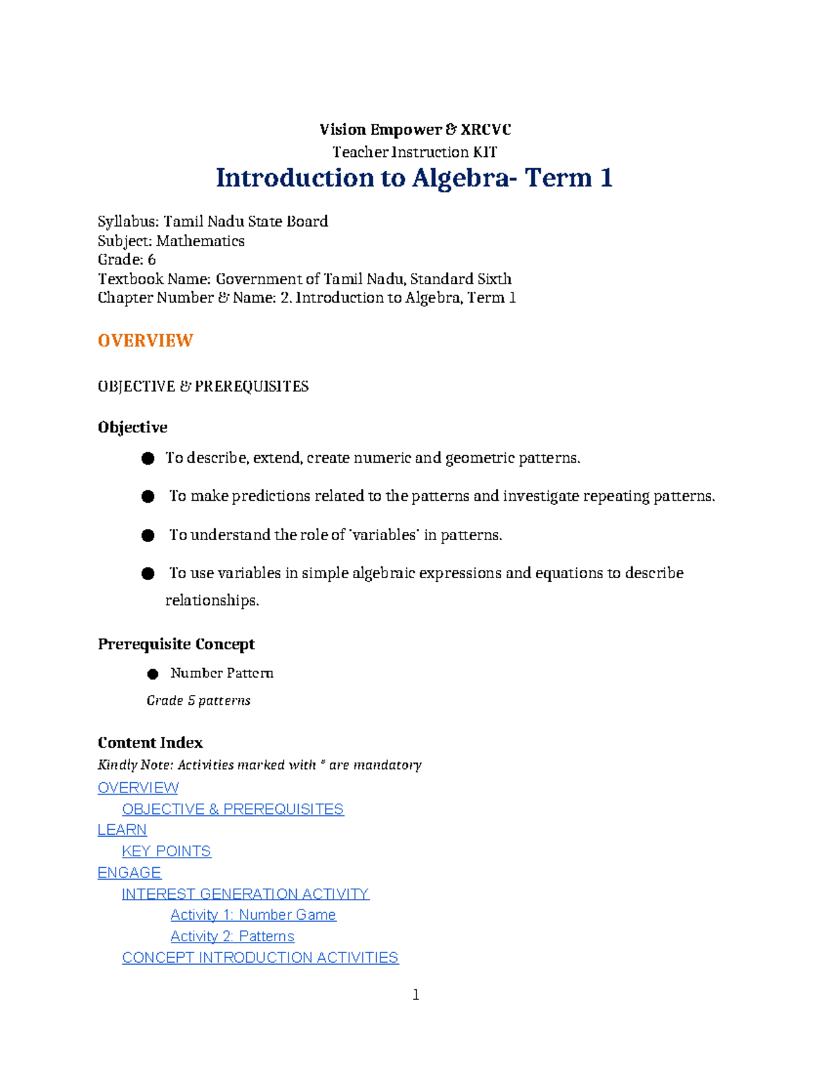TN TIK MATH G6 T1 CH2: Introduction to Algebra and Patterns - Studocu