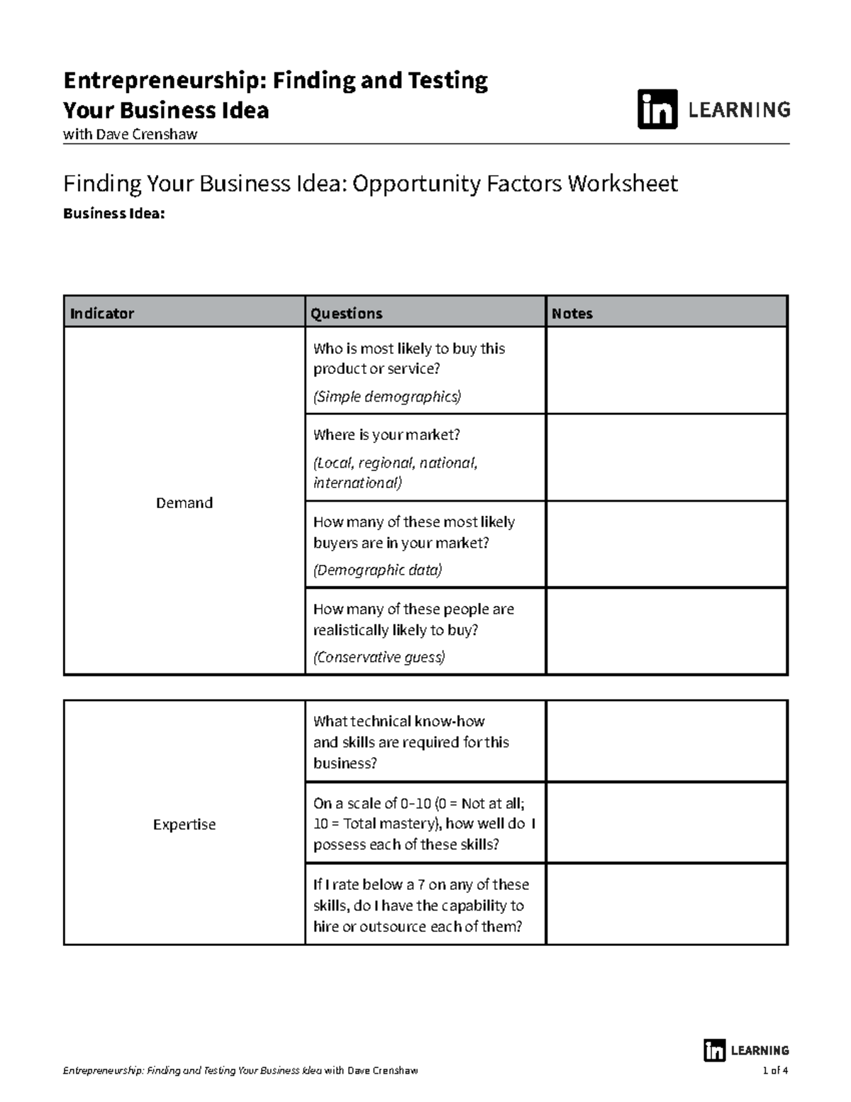 Opportunity Factors Worksheet for Your Business Idea - Studocu