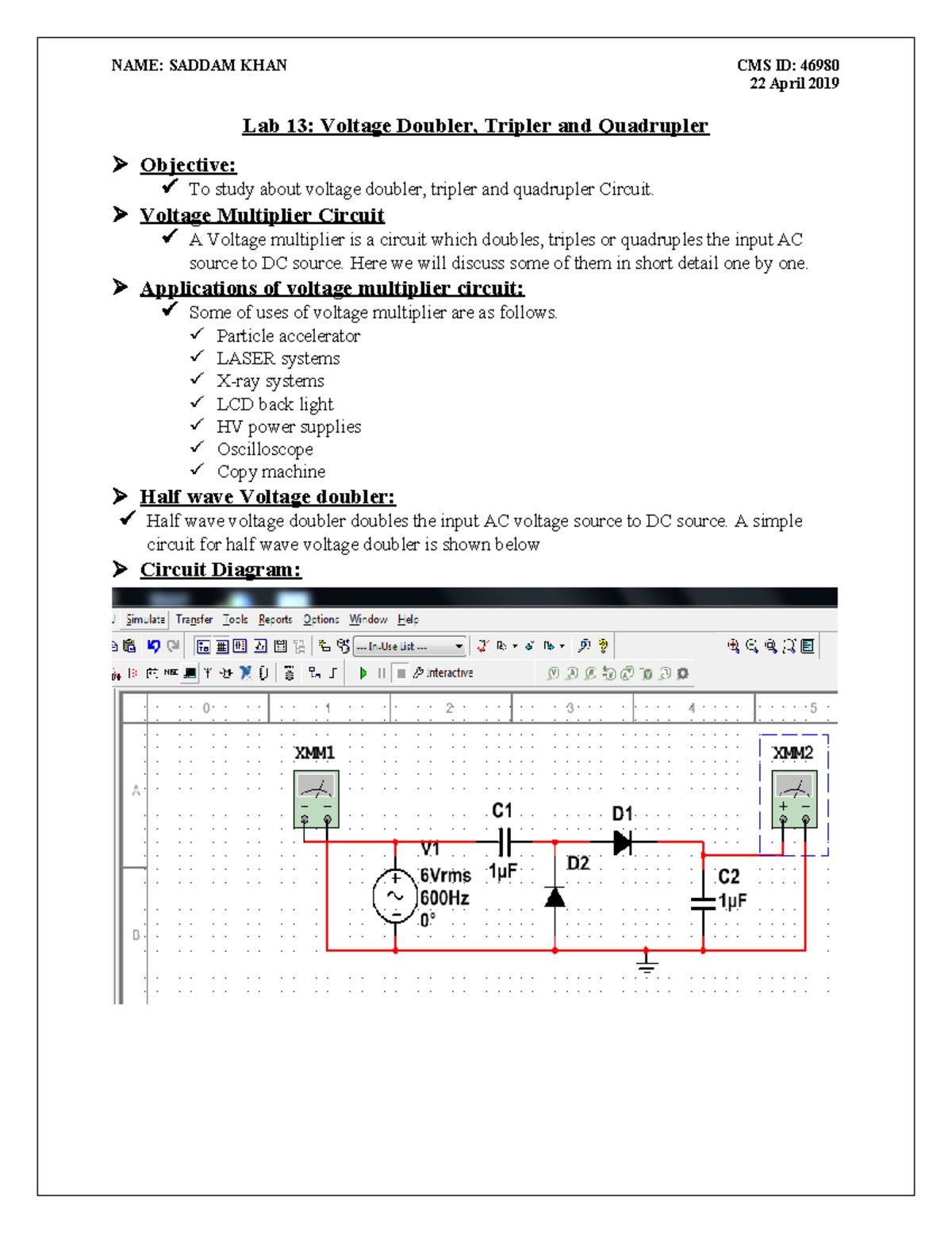 EDC Lab 13: Voltage Multiplier Circuits - Doubler, Tripler & Quadrupler - Studocu