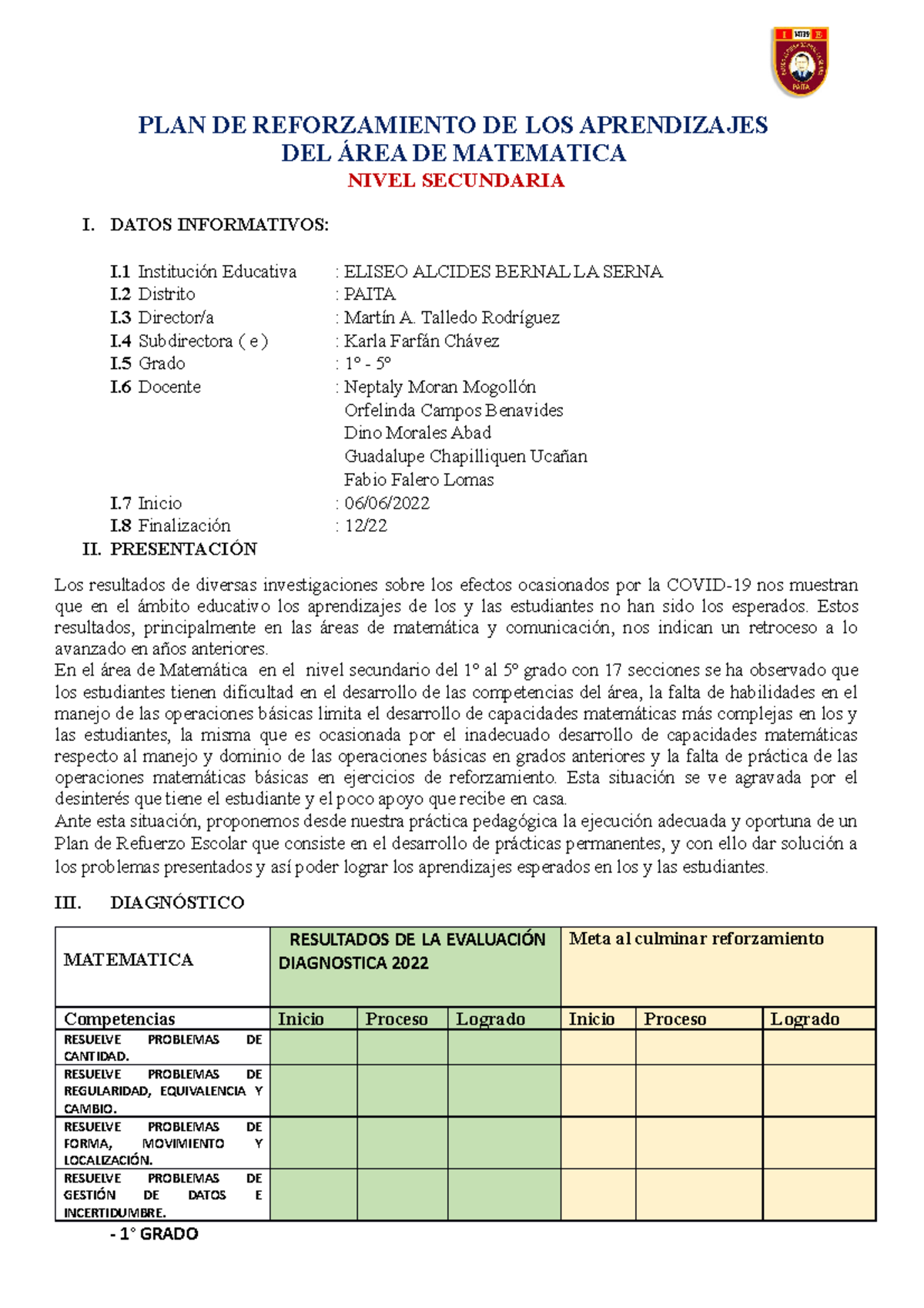Modelo DE PLAN DE Reforzamiento PARA EL AULA - Secundaria 2022 - PLAN DE REFORZAMIENTO DE LOS ...