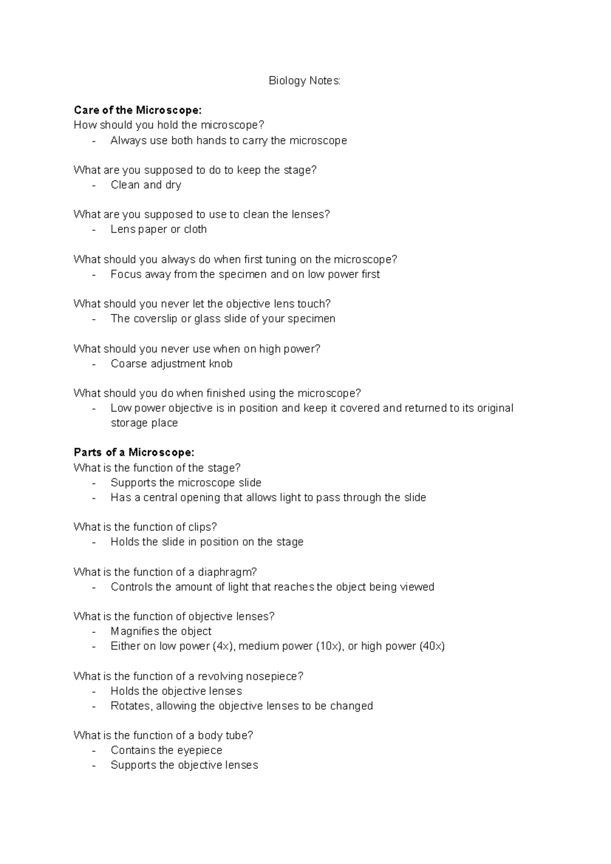 Grade 10 Biology Notes: Microscope Care and Cell Structure - Studocu