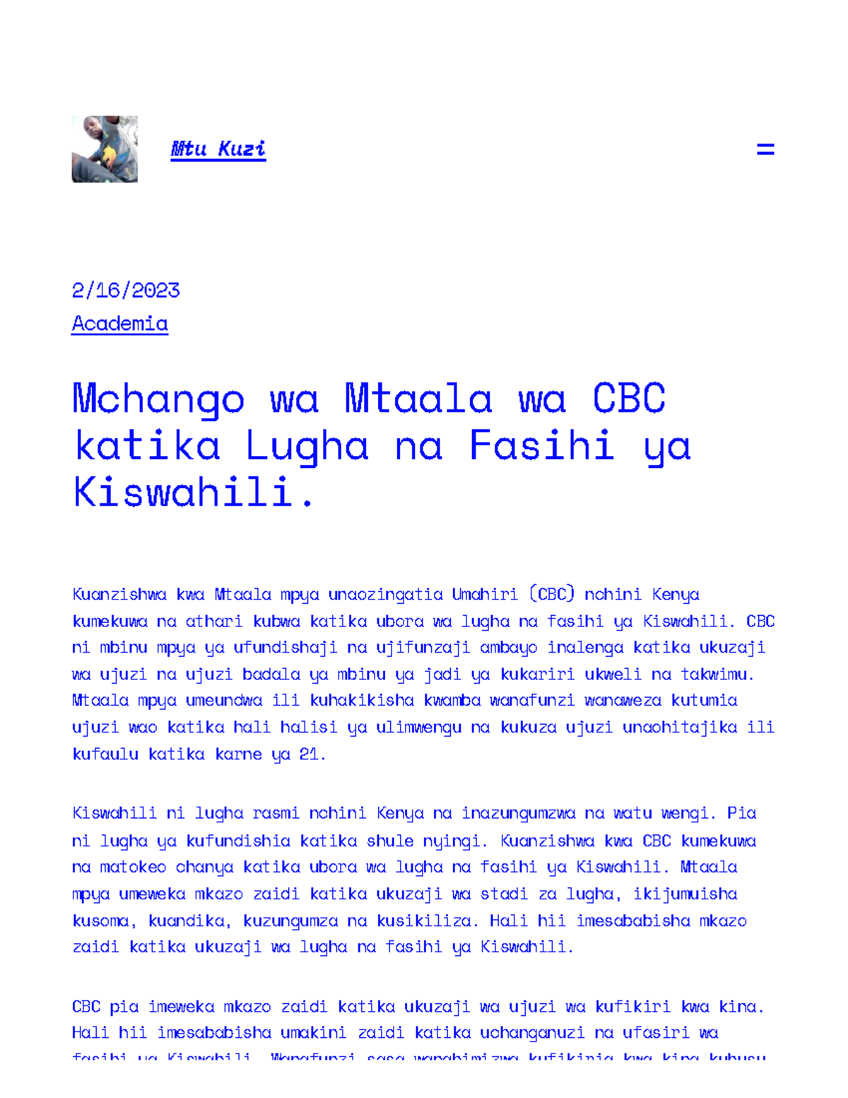 Mchango wa Mtaala wa CBC katika Lugha na Fasihi ya Kiswahili – Mtu Kuzi ...