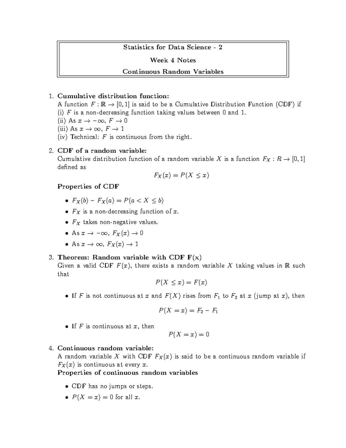 IITM BS Data Science - Statistics-2 Week 4 Notes on Continuous Random ...