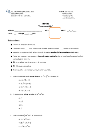 Prueba Matemáticas 5° Básico: Divisiones con 1 Dígito en el Divisor ...