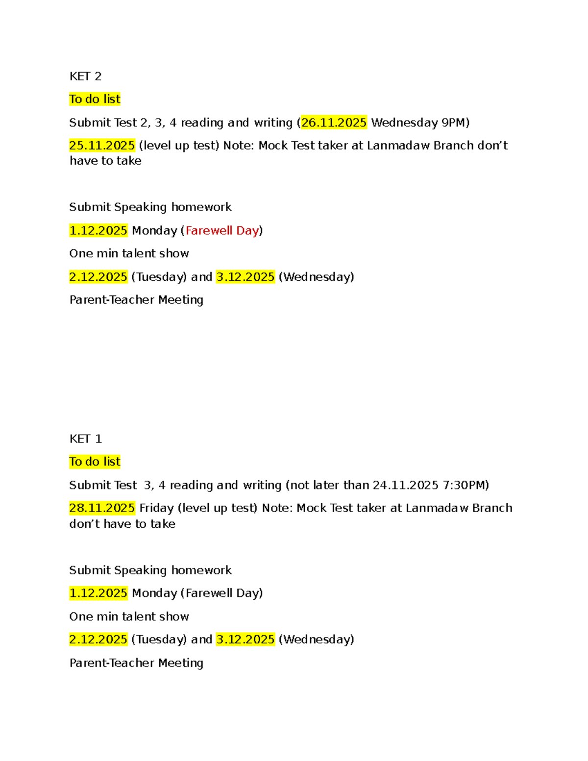 KET 2 - Lesson plan - KET 2 To do list Submit Test 2, 3, 4 reading and ...