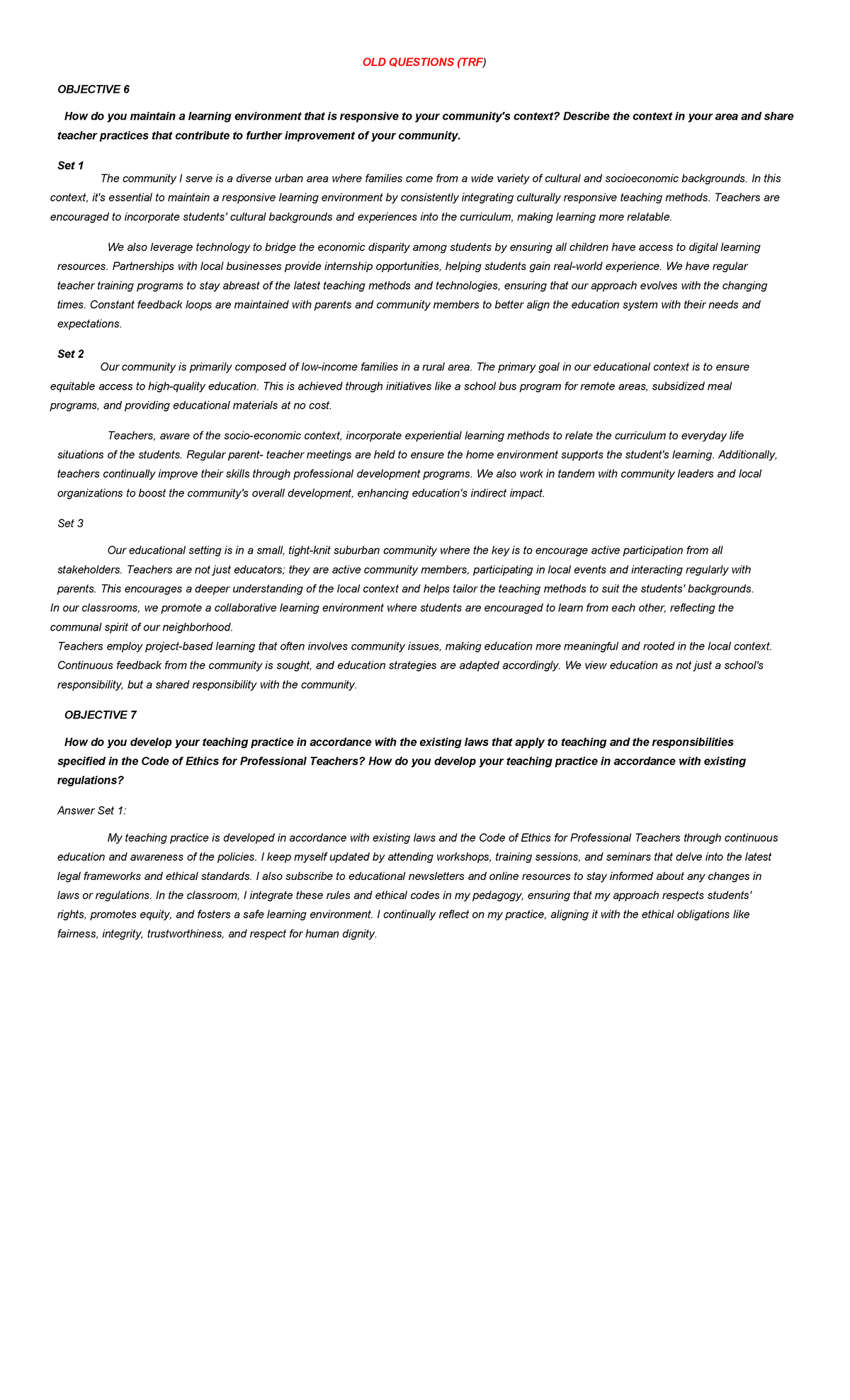 OLD QUESTIONS (TRF) - Enhancing Responsive Teaching Practices - Studocu