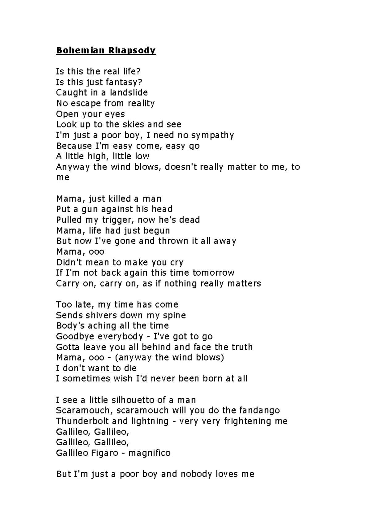 Bohemian Rhapsody Lyrics: A Fun Kid-Friendly Version - Studocu