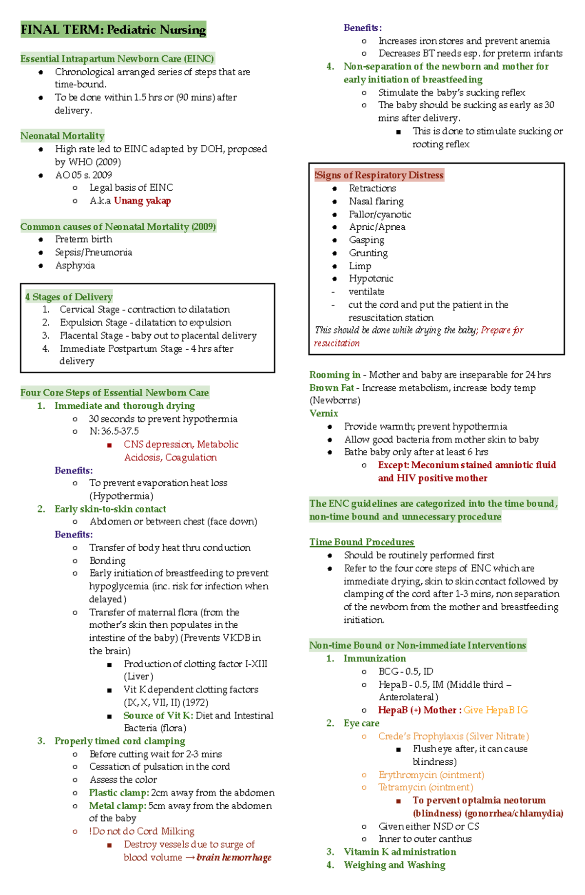 FINAL TERM: Pediatric Nursing EINC Guidelines and Newborn Care Steps ...