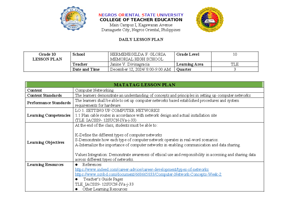 Daily Lesson Plan: Computer Networking (TLE 10) - Grade 10 Overview ...