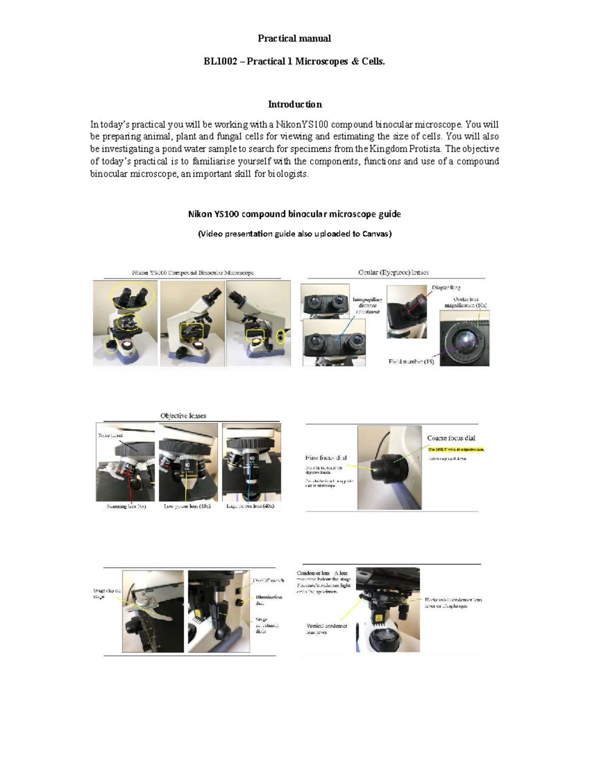BL1002 Practical Manual: Microscopes & Cell Investigations - Studocu
