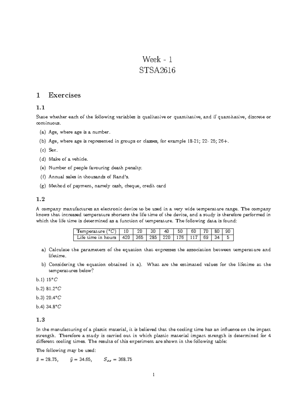 Week 1 STSA2616 Linear Regression Exercises and Analysis - Studocu