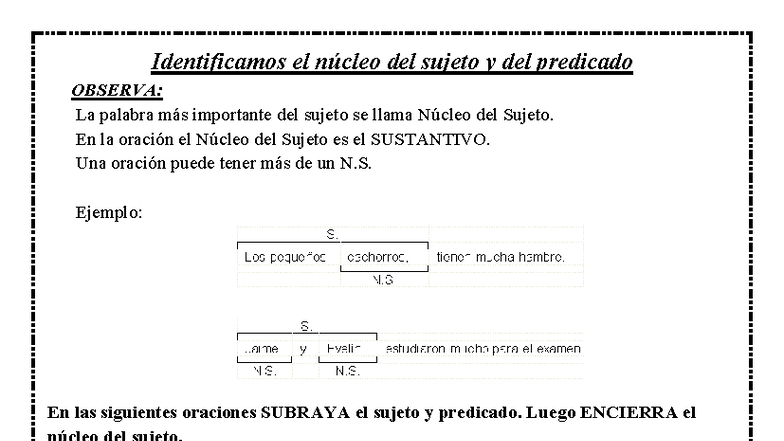 Identificación del Núcleo del Sujeto y Predicado - Ejercicios - Studocu
