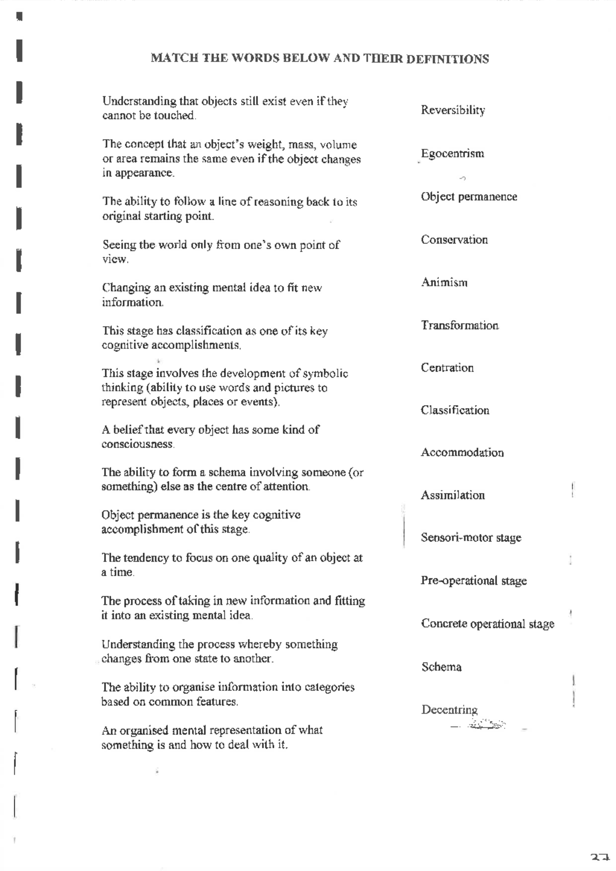 Term Matching Activity: Key Concepts in Cognitive Development - Studocu