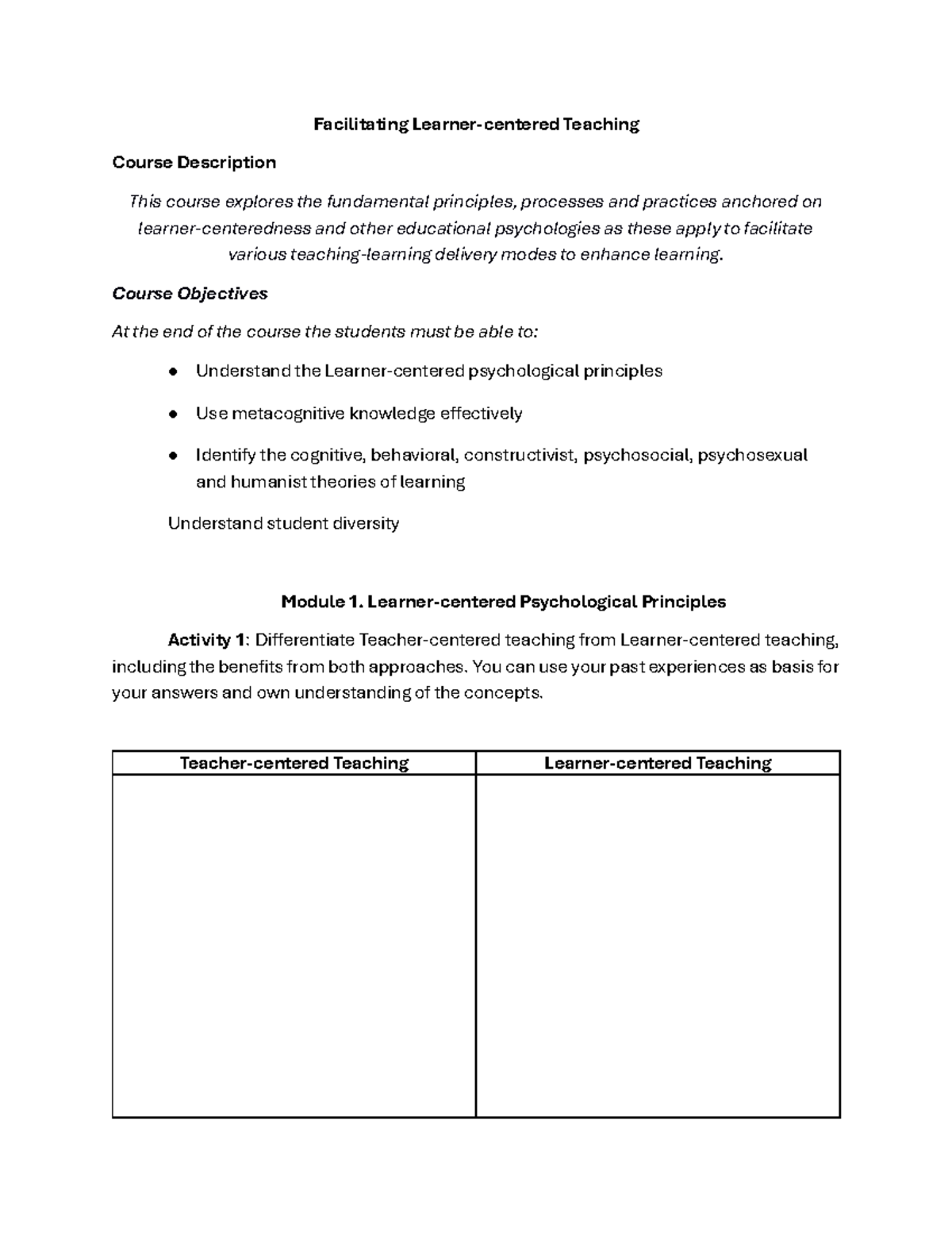 Facilitating Learner-centered teaching module - Facilitating Learner-centered Teaching Course ...
