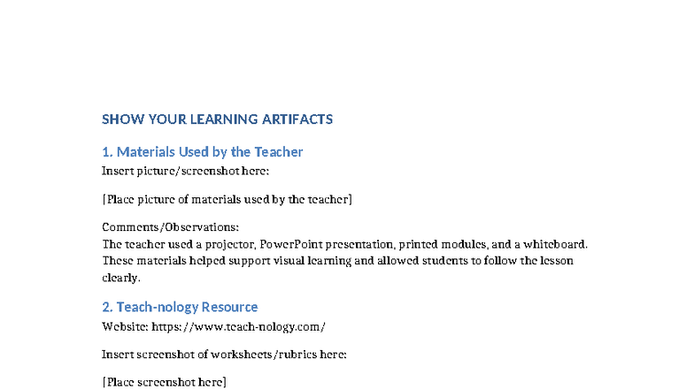 SHOW YOUR LEARNING ARTIFACTS 1: Teaching Materials & Resources - Studocu